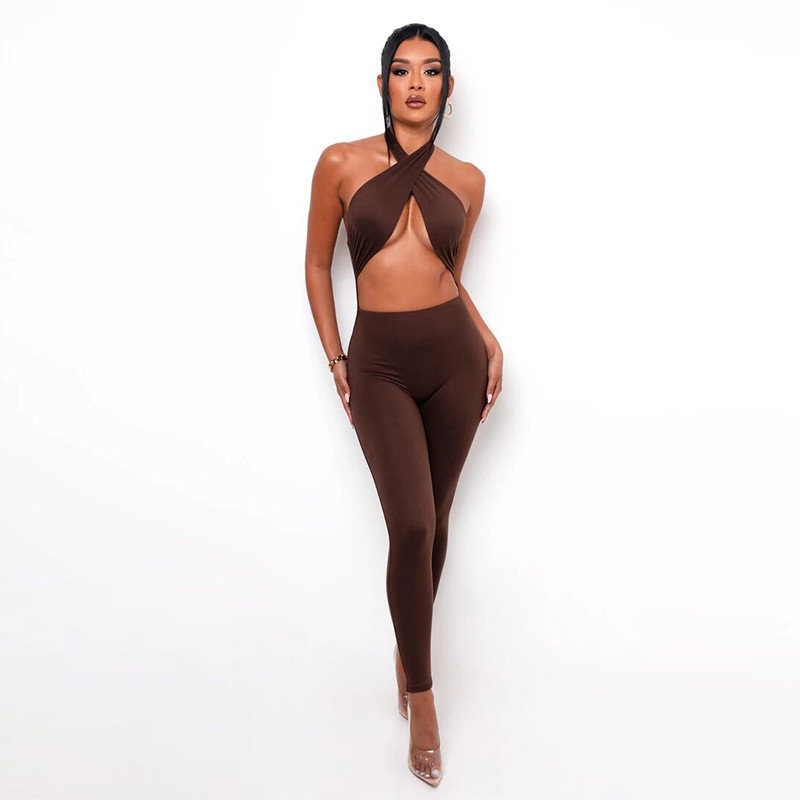 female summer sexy backless sportswear hanging neck solid color gym wear high waist one-piece yoga set tight casual jumpsuits