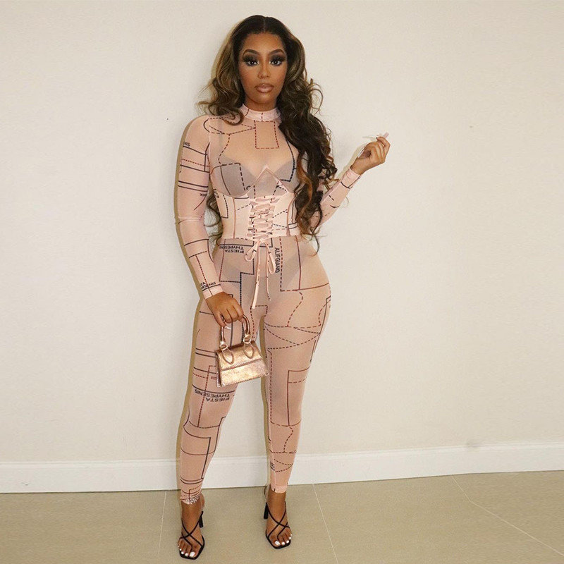 women new sexy net gauze perspective one-piece yoga set digital print gym wear tighten waist binding jumpsuits