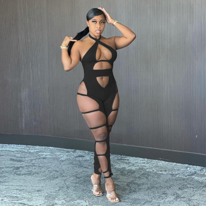 women sexy hollow-out sleeveless sportswear tight casual jumpsuits hanging neck gym wear high waist one-piece yoga set
