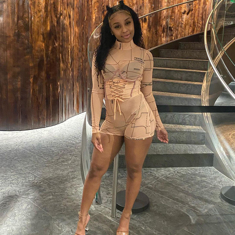 2020 women long sleeve Sexy high neck lace up short yoga pants women jumpsuit printed one piece sports set