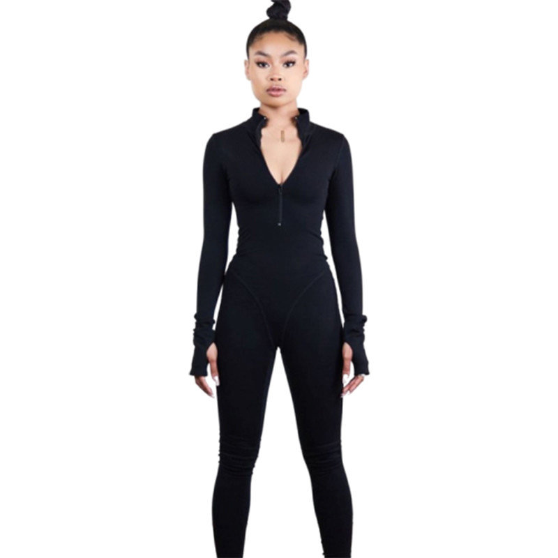 Fitness Active Wear Rompers front Zipper deep V Neck Sexy Fashion Long Sleeve Workout Sports set Women Jumpsuit