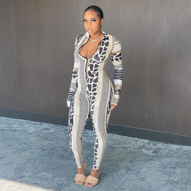 new arrival Sexy Tight autumn Lady Printed Women One Piece long Jumpsuits And Rompers female long sleeve Bodycon fitness clothes