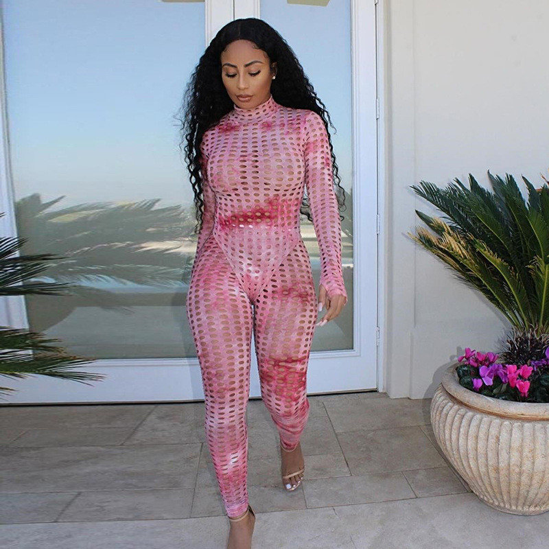 Women hot selling fashion sexy mesh jumpsuit long sleeve women hollowed out sportswear
