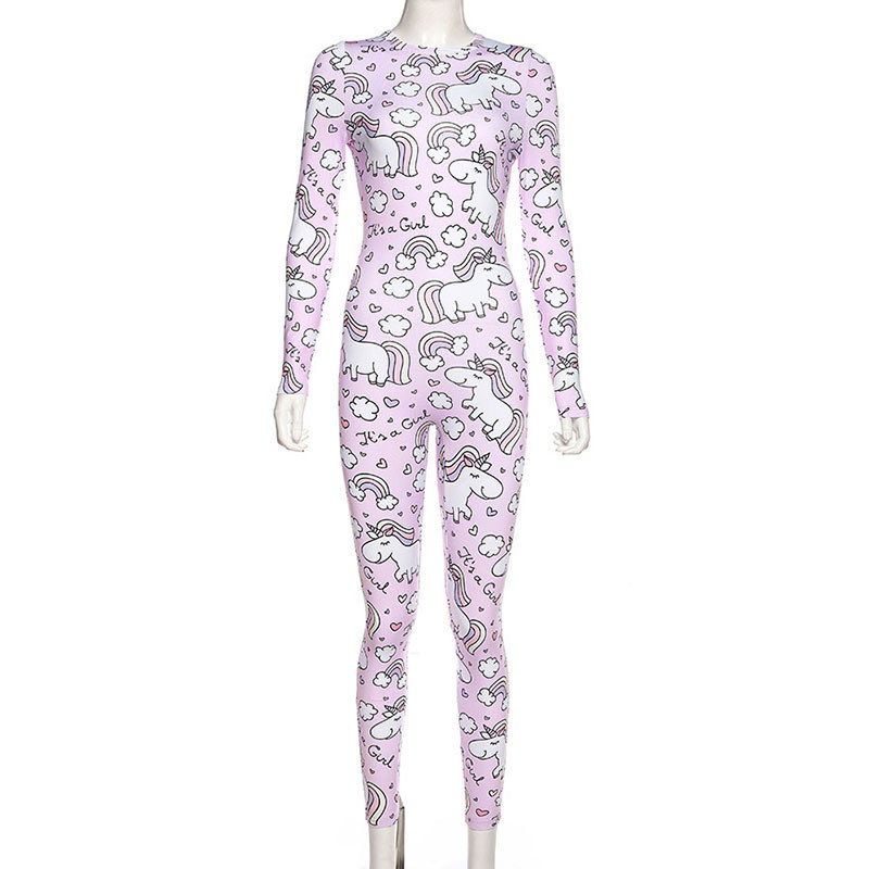 O Neck Women Fashion Jumpsuit Club Sexy long Sleeve cute cartoon Print  Skinny Bodycon Jumpsuit