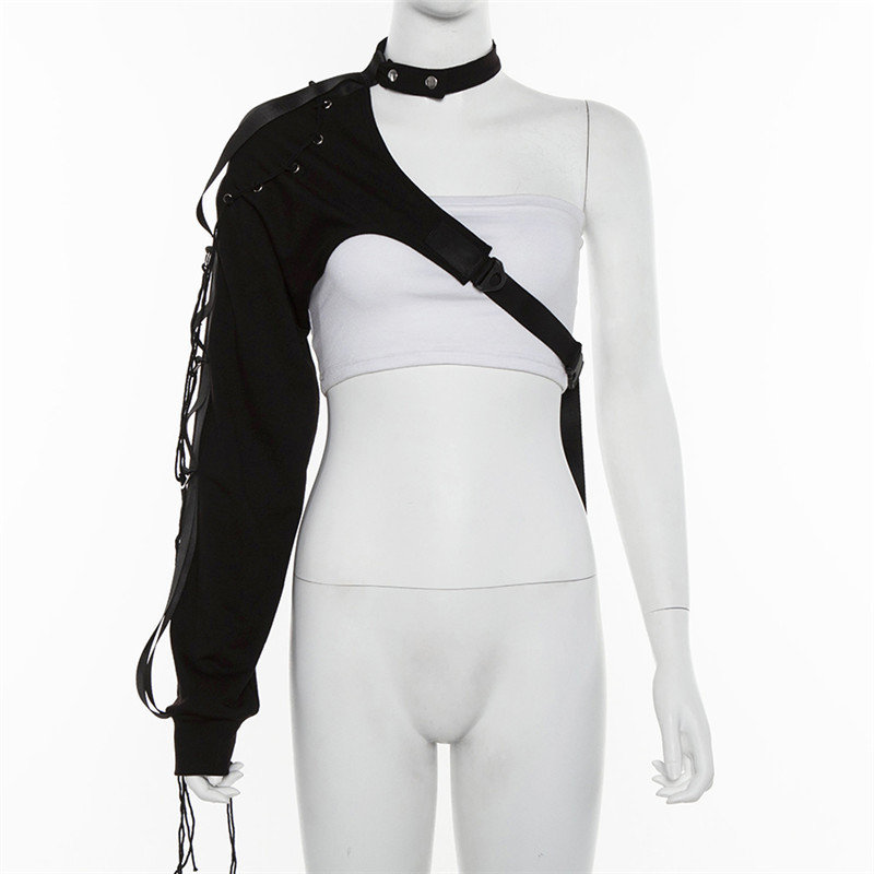 Women Asymmetrical Choker Collar Buckle Off One Shoulder Crop Top Reflective jacket women
