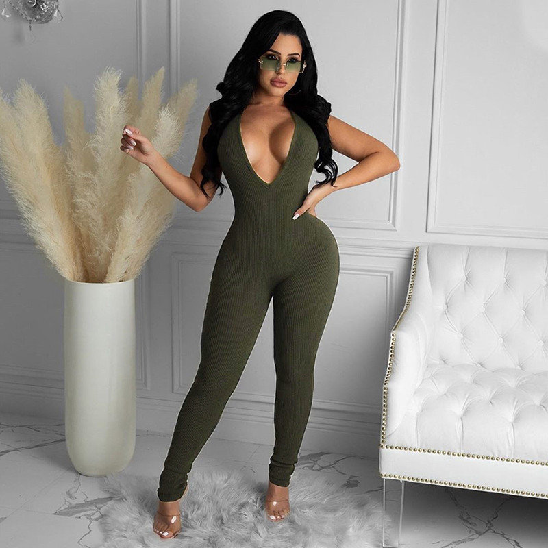 new design Women's New Sexy V-neck Jumpsuit Female Casual Solid color sleeveless sportswear skinny workout fitness clothes