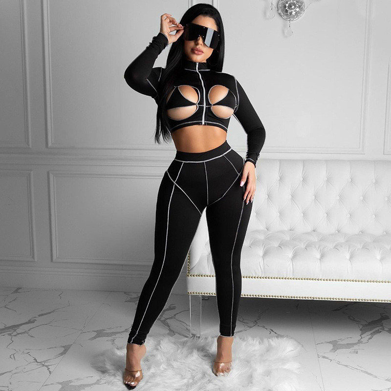Women Winter two pieces Yoga Suit fitness Clothing  ladies Long Sleeve Seamless High Waist Tight Fitting Hollow Out Sportswear