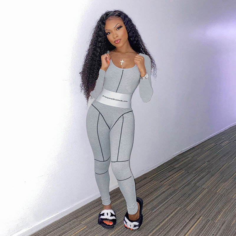 Women long sleeve  active wear one piece jumpsuit fashion patchwork rompers ladies bodycon new trendy sportswear