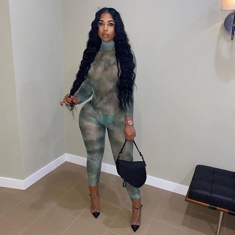 2021 New Women'S High Neck Long Sleeve sportswear Sexy Mesh See-Through Printed Jumpsuit  one piece yoga set