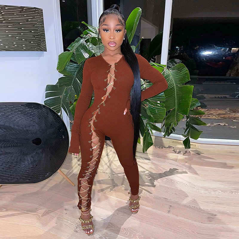 Wholesale hot sales new design sexy hollow out bandage nightclub apparel women one piece jumpsuits fitness clothes