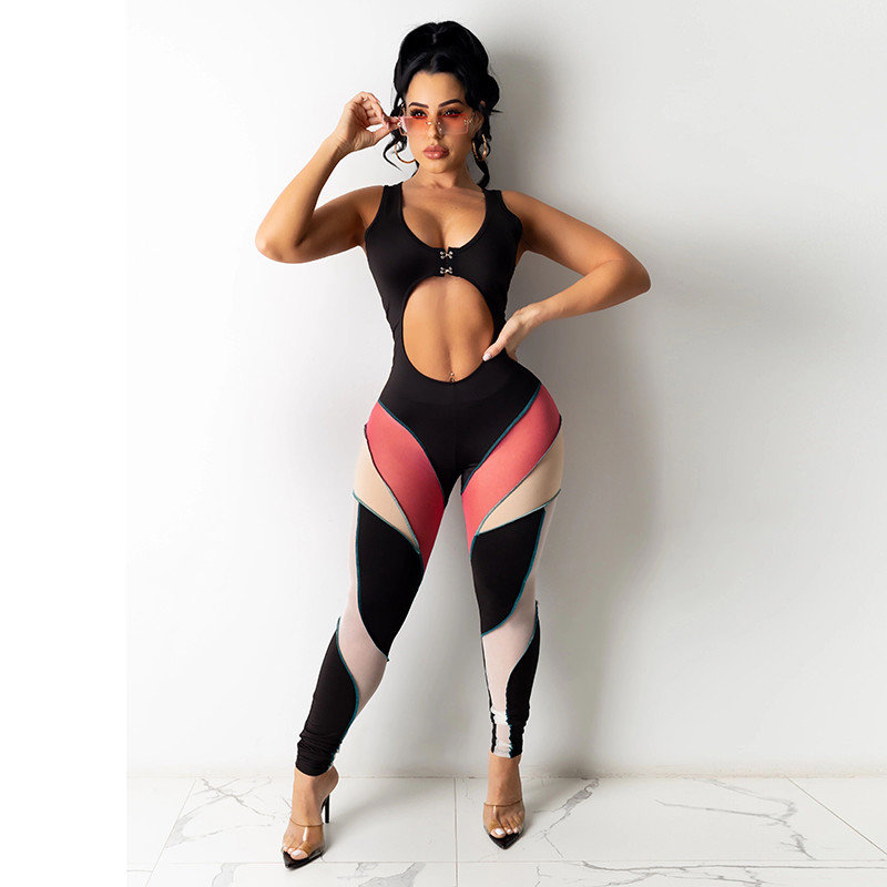female summer new personality reverse wear design hollow out one piece yoga sets patchwork color jumpsuits
