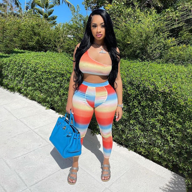 2021 women summer new stripe gym wear one shoulder sleeveless thin vest  fashion two pieces sportswear casual fitness swimwear
