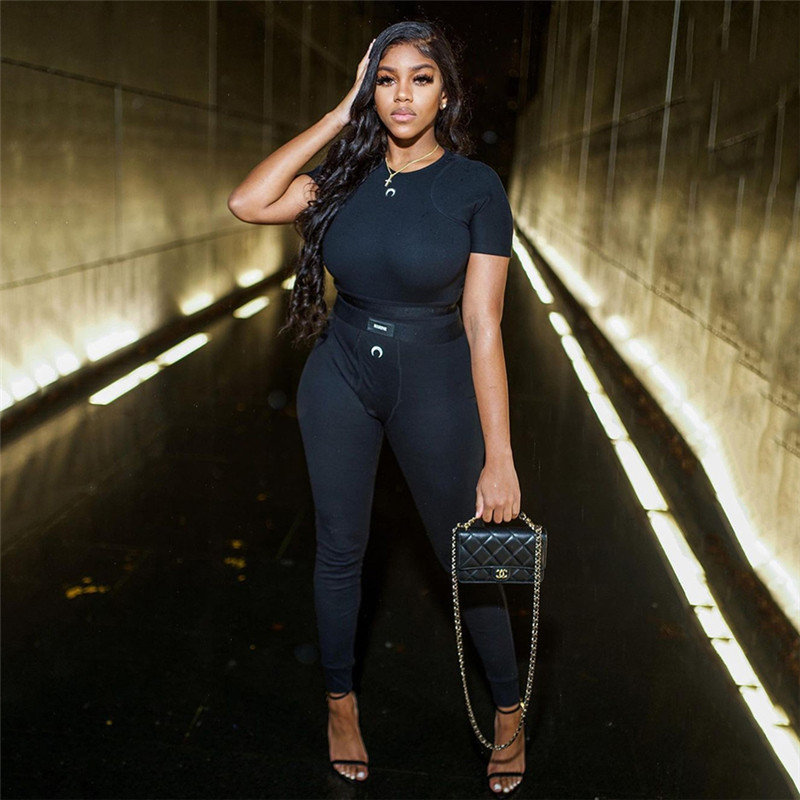 Fashion trend new embroidery pattern slim short sleeve top high waist tight trousers sports suit women