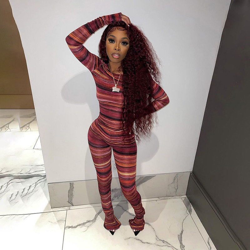 Best price wholesale new design women autumn Stripe Printed sportswear Slim and high waist gym set in stock