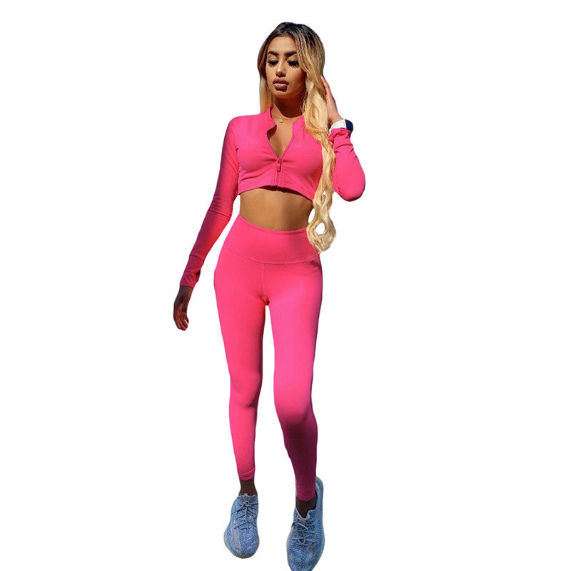 ladies stand Collar sportswear Long Sleeve Seamless Activewear front Zipper Tops And Yoga pants Set girls clothing