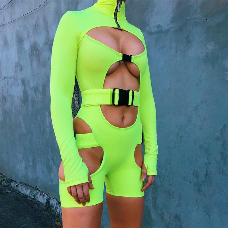 women Sexy romper long sleeve jumpsuit ladies casual autumn hollow out short bodycon fashion waistband streetwear