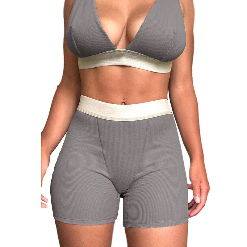 2 Piece Elastic V-collar Crop Top High Waist sports set Woman Sportswear Fitness Shorts Set