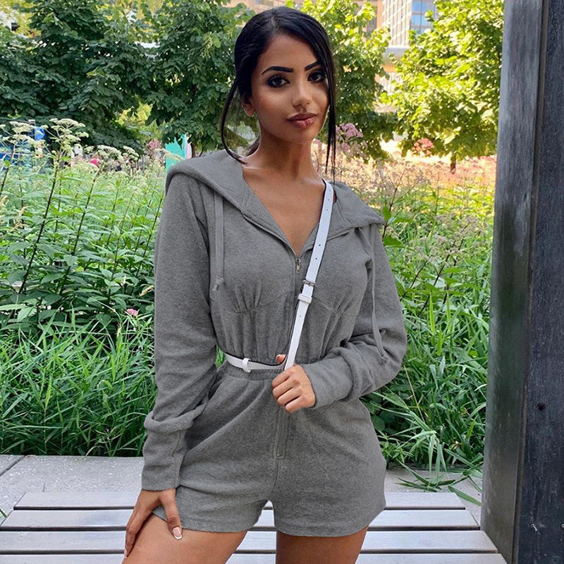 New Arrival Fashion Women Casual hoodie Front Zipper long sleeve loose Short yoga Pants Solid color Romper and Jumpsuit