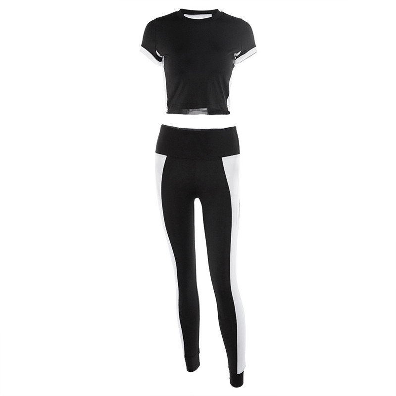 short Sleeves Women Activewear Stitching Color Yoga Legging And Bra Crop Top Running Sportswear