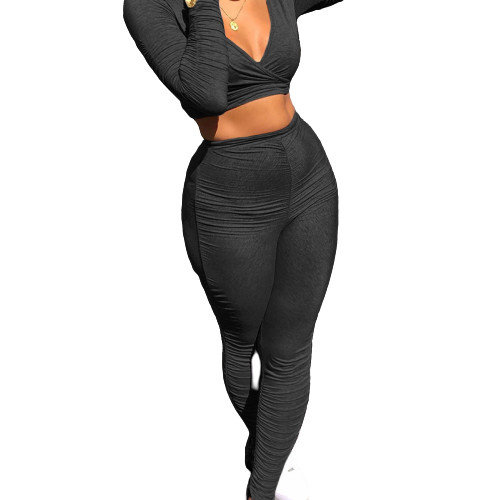 long sleeve sports crop Top And Stacked Pants 2 Piece sports Set Women Casual Sportswear Fashion Workout clothing