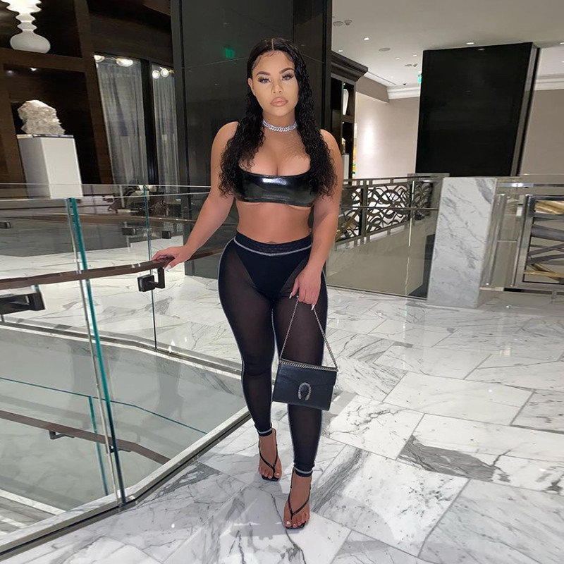 Autumn new style women personality high waist yoga pants casual PU imitation leather sports set ladies fitness clothes