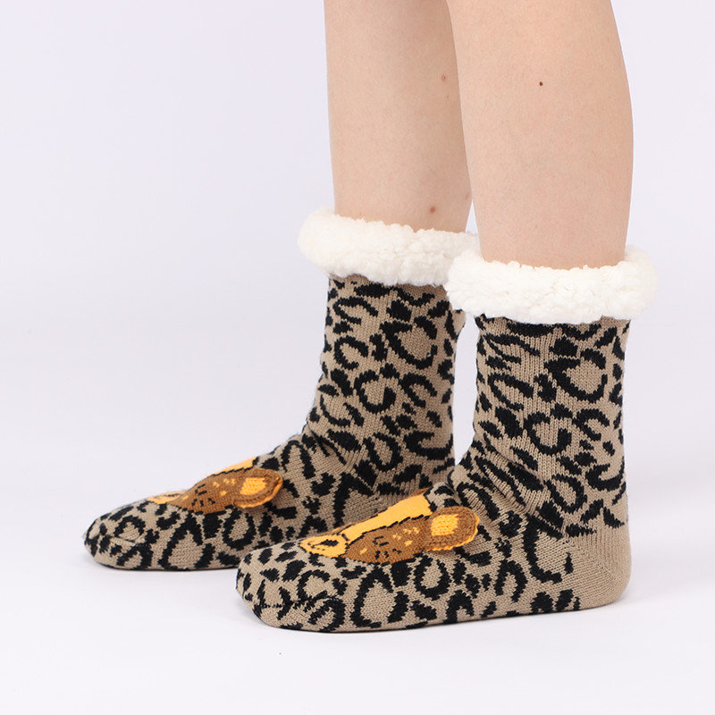 wholesale Warm double layer Leopard grain socks thick custom winter ladies non-slip slipper socks women home floor sock