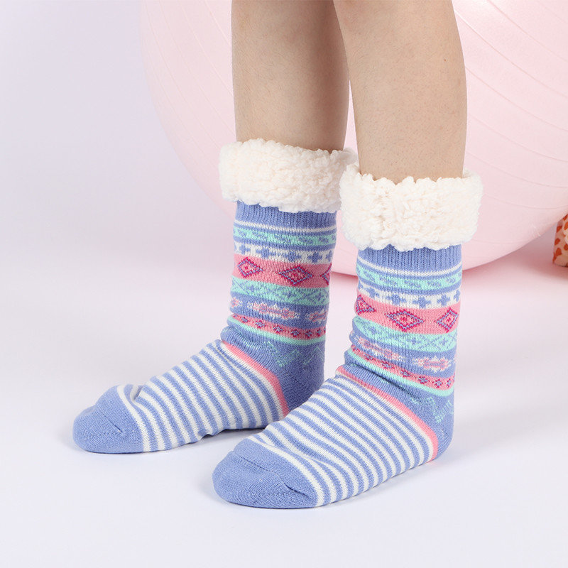 winter adult warm non skid socks stripe patterned patchwork color socks soft fuzzy socks for women