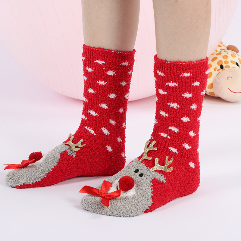 new arrival red comfortable socks polyester made cute deer floor fuzzy socks for female non skid socks