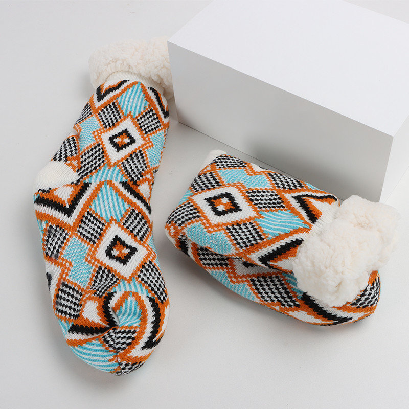 Women's Winter diamond Fleece Lining sock Knit medium length  Slipper Sock Fuzzy Non Skid stocking