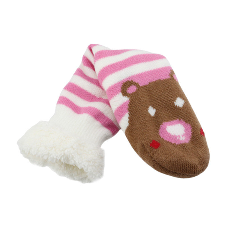 faux fur lined women winter house socks lovely pink stripe cute bear warm indoor socks