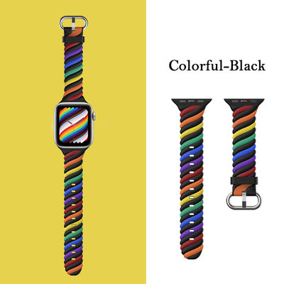 Fashionable Watch Band 38/40mm 42/44mm Woven Texture Rubber Strap For iWatch Rainbow Sport Liquid Silicone Printing Watch Band For Apple