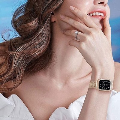 Luxury Watch Band And Case Strap For Iwatch Strap 44mm 40mm 38mm Stainless Steel Diamond Watch Band And Case For Apple Watch Se 6 5 Series 7