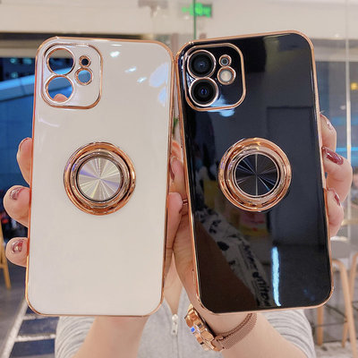 Luxury Shockproof Ring Holder Case For Iphone 11 7 8 plus Gold Plating Metal Stand Phone Cover For Iphone 13 12 pro Max Xs Xr Silicone