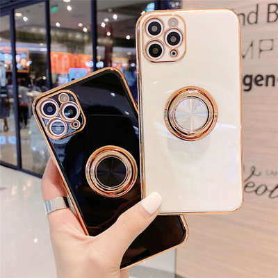 Luxury Shockproof Ring Holder Case For Iphone 11 7 8 plus Gold Plating Metal Stand Phone Cover For Iphone 13 12 pro Max Xs Xr Silicone