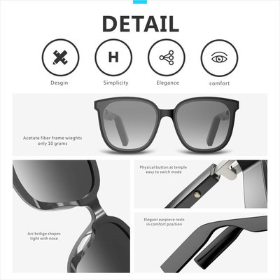 ABS+PC Fashion Polarized Acetate Headphone BT Sound Wireless Sound Earphone Sunglasses Acetate Smart Glasses With Tws Earpiece