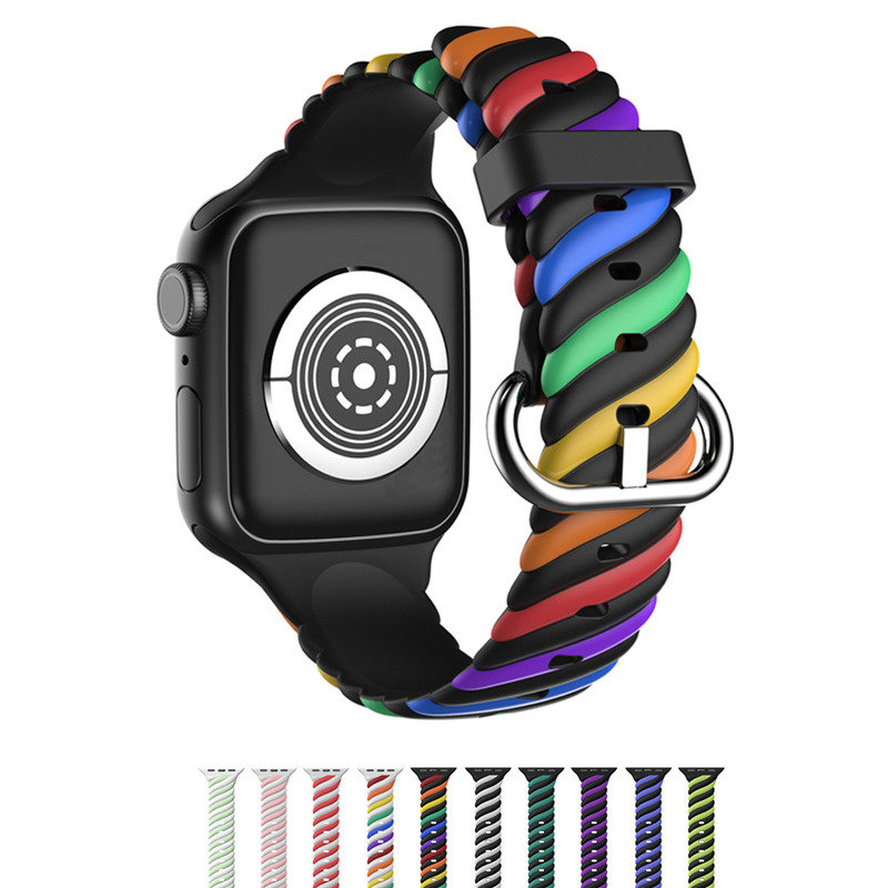 Fashionable Watch Band 38/40mm 42/44mm Woven Texture Rubber Strap For iWatch Rainbow Sport Liquid Silicone Printing Watch Band For Apple