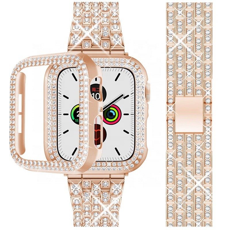 Watch Band and Case Luxury For Bling Diamond Metal Watch Band PC Case Apple Watch Jewelry Combine For Iwatch Strap Bumper Watch Protective Cover
