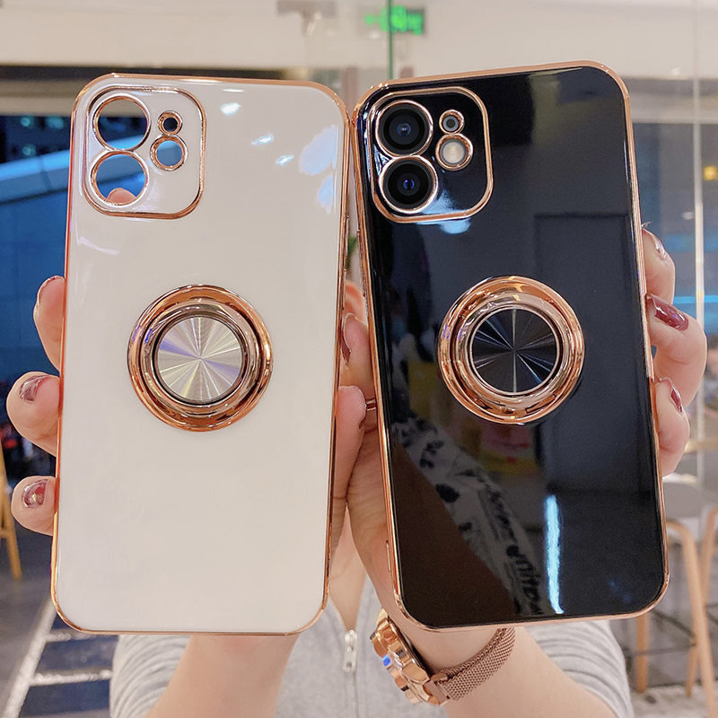 Luxury Shockproof Ring Holder Case For Iphone 11 7 8 plus Gold Plating Metal Stand Phone Cover For Iphone 13 12 pro Max Xs Xr Silicone