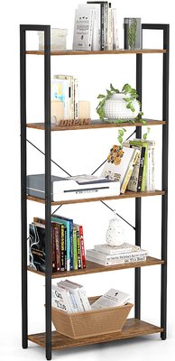 5 Tier Bookshelf, Industrial Tall Living Room Book Shelf Storage Organizer, Metal Wood Modern Simple Display Shelf