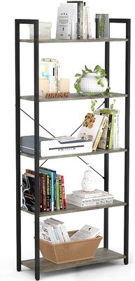 5 Tier Bookshelf, Industrial Tall Living Room Book Shelf Storage Organizer, Metal Wood Modern Simple Display Shelf