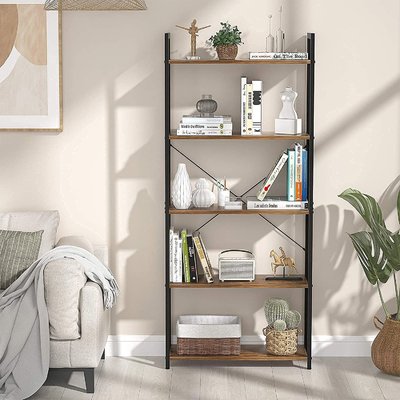 5 Tier Bookshelf, Industrial Tall Living Room Book Shelf Storage Organizer, Metal Wood Modern Simple Display Shelf