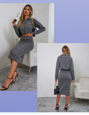 Solid Pattern Top and Skirt set Ladies Sweater with soft warm and Hand Wash Care Instructions