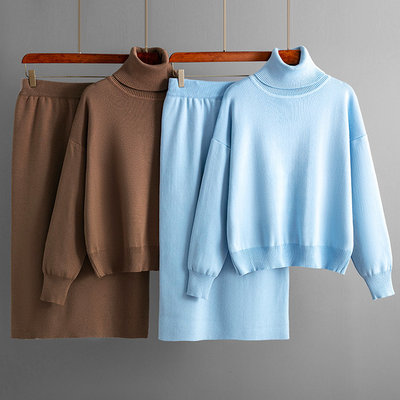 Women s Sweaters Regular Fit Free Shipping Available Now New Solid Color High Neck Sweater Half body Wrap Hip Skirt Set