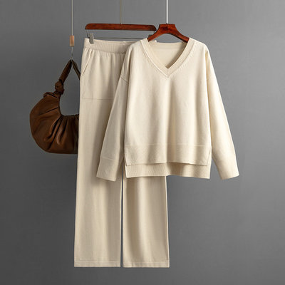 Women s Sweaters s Latest and Fashionable Product 2024 autumn/winter V-neck loose casual sweater pullover two-piece set