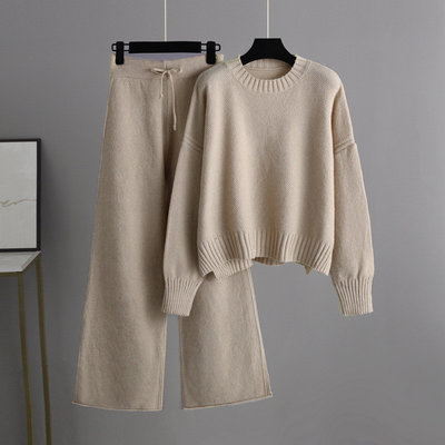 Women s Sweaters with Pullover Closure for Outdoor Activities in Fall Season Knitted long sleeved sweater wide leg pants