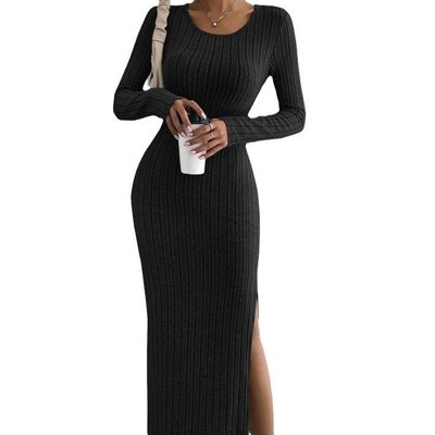 2024 Autumn and Winter New Long sleeved Round Neck Split Knitted Long Dress for Women