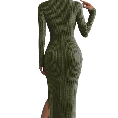 2024 Autumn and Winter New Long sleeved Round Neck Split Knitted Long Dress for Women