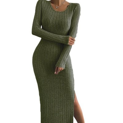 2024 Autumn and Winter New Long sleeved Round Neck Split Knitted Long Dress for Women