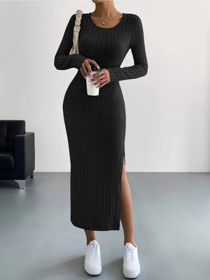 2024 Autumn and Winter New Long sleeved Round Neck Split Knitted Long Dress for Women