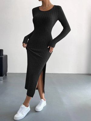2024 Autumn and Winter New Long sleeved Round Neck Split Knitted Long Dress for Women